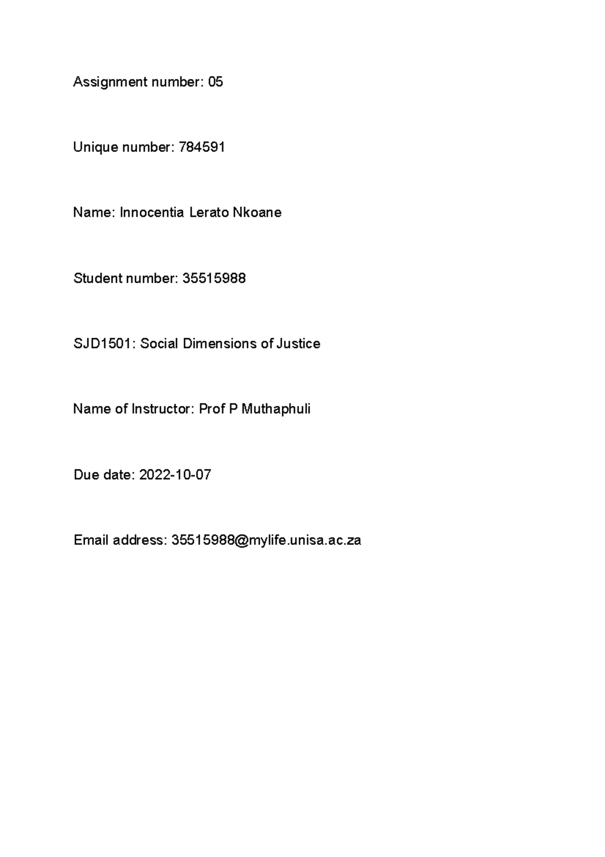 SJD1501 Assessment no 5 - Assignment number: 05 Unique number: 784591 ...