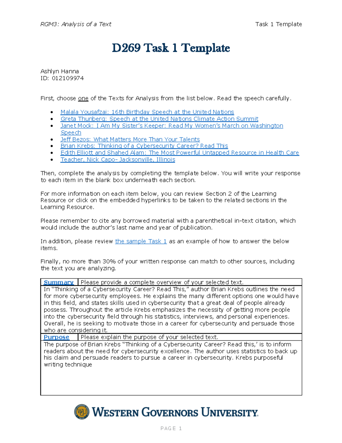 Ashlyn Hanna- D269 Task 1 - RGM3: Analysis of a Text Task 1 Template P AGE 1 D269 Task 1 ...