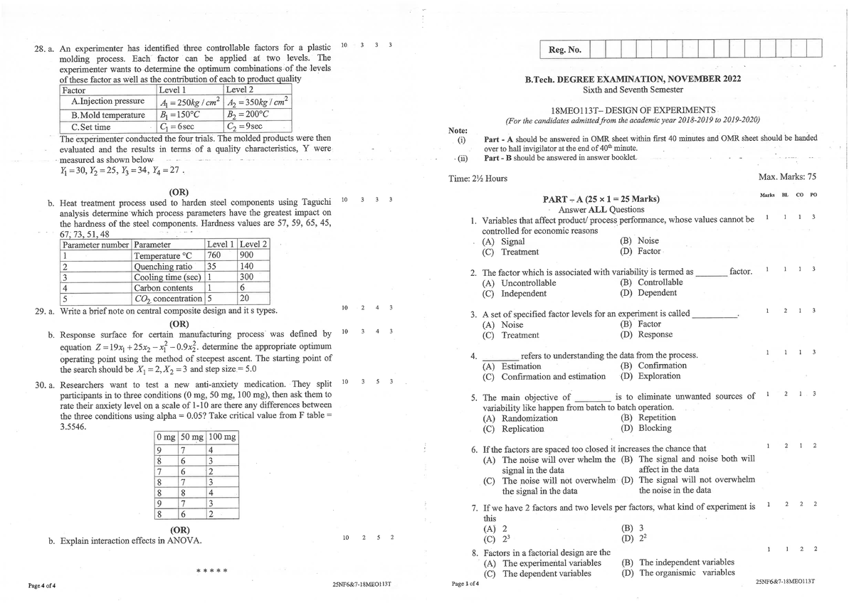 18MEO113T 25.11.2022 FN DOE - 28. a. An experimenter has identified three controllable factors ...