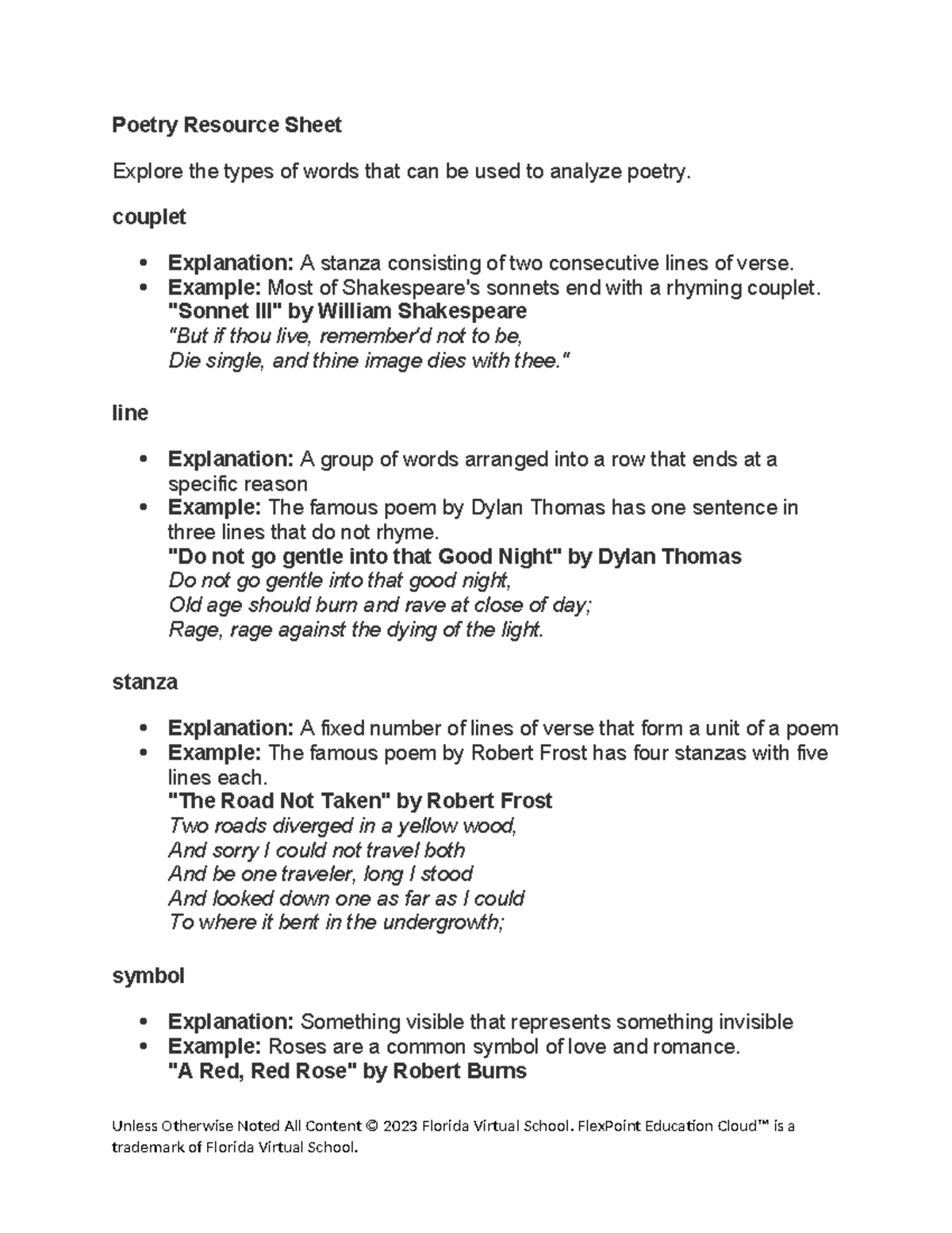 Poetry reference sheet - Poetry Resource Sheet Explore the types of ...