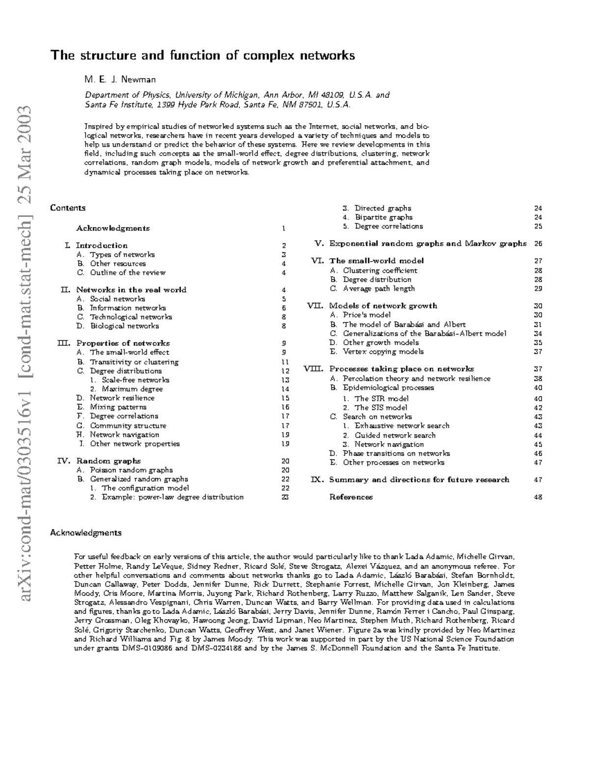 The structure and function of complex networks - E. J. Newman Department of Physics, University ...