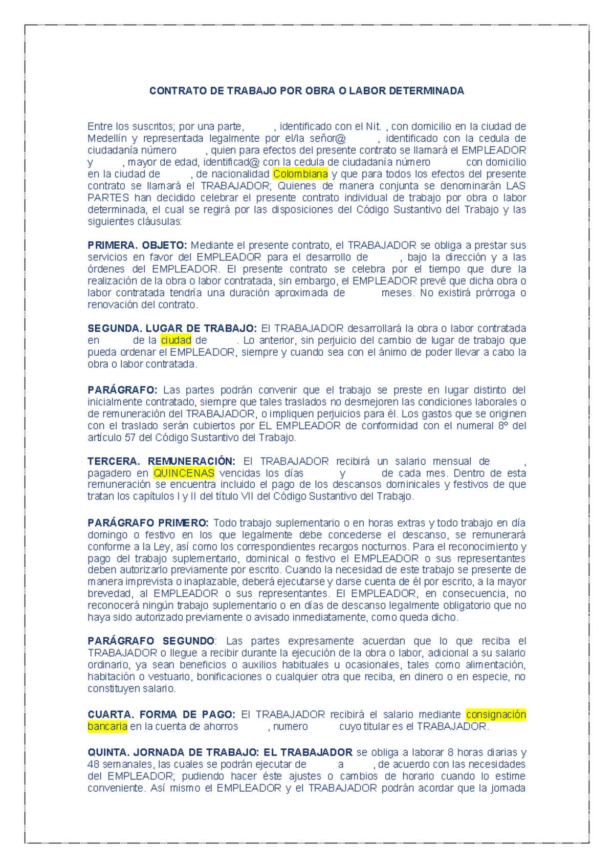 Minuta contrato de trabajo por obra o labor determinada - CONTRATO DE TRABAJO POR OBRA O LABOR ...