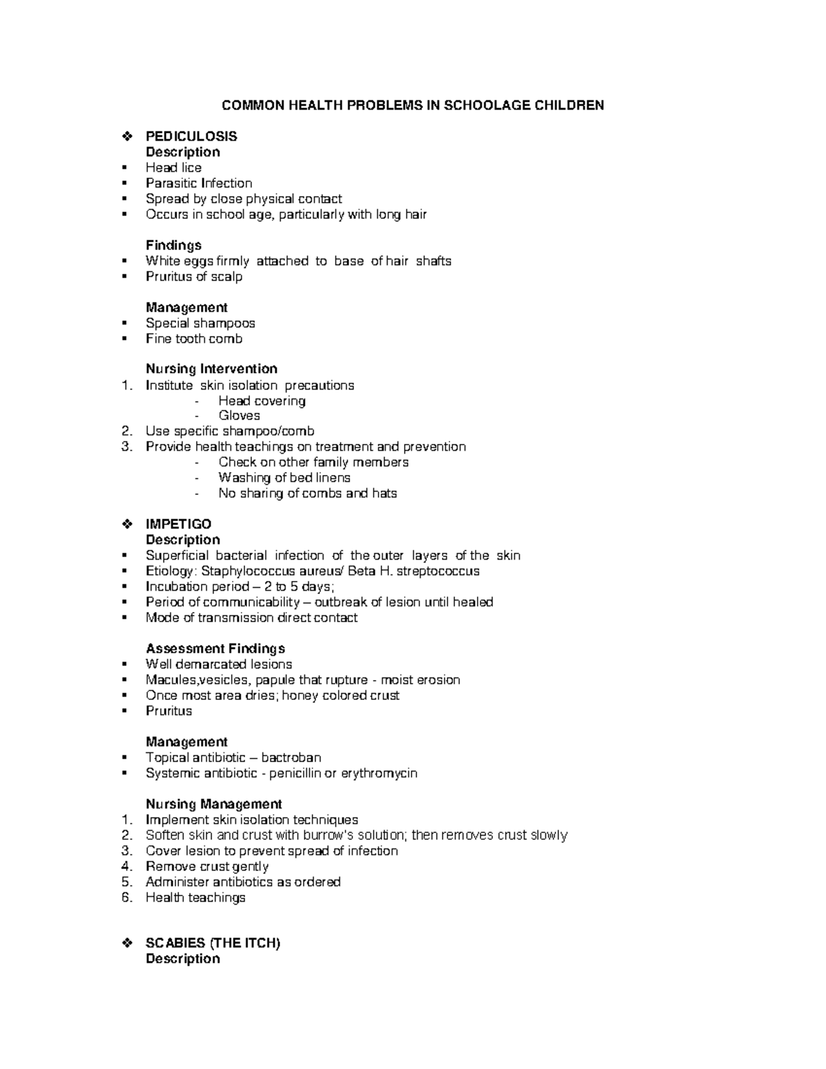 HIGH RISK Schoolage-handouts - COMMON HEALTH PROBLEMS IN SCHOOLAGE ...