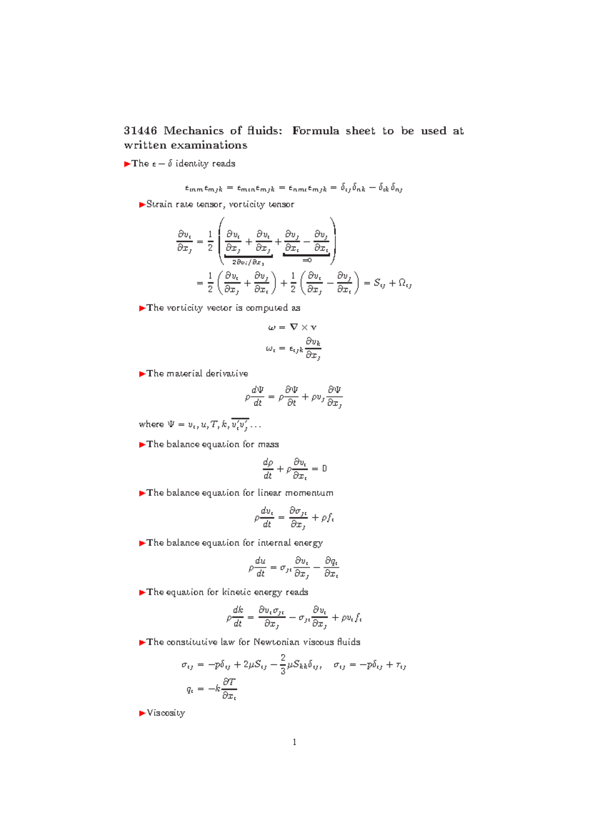 Formulas TME225 fluid mechanics - 31446 Mechanics of fluids: Formula ...