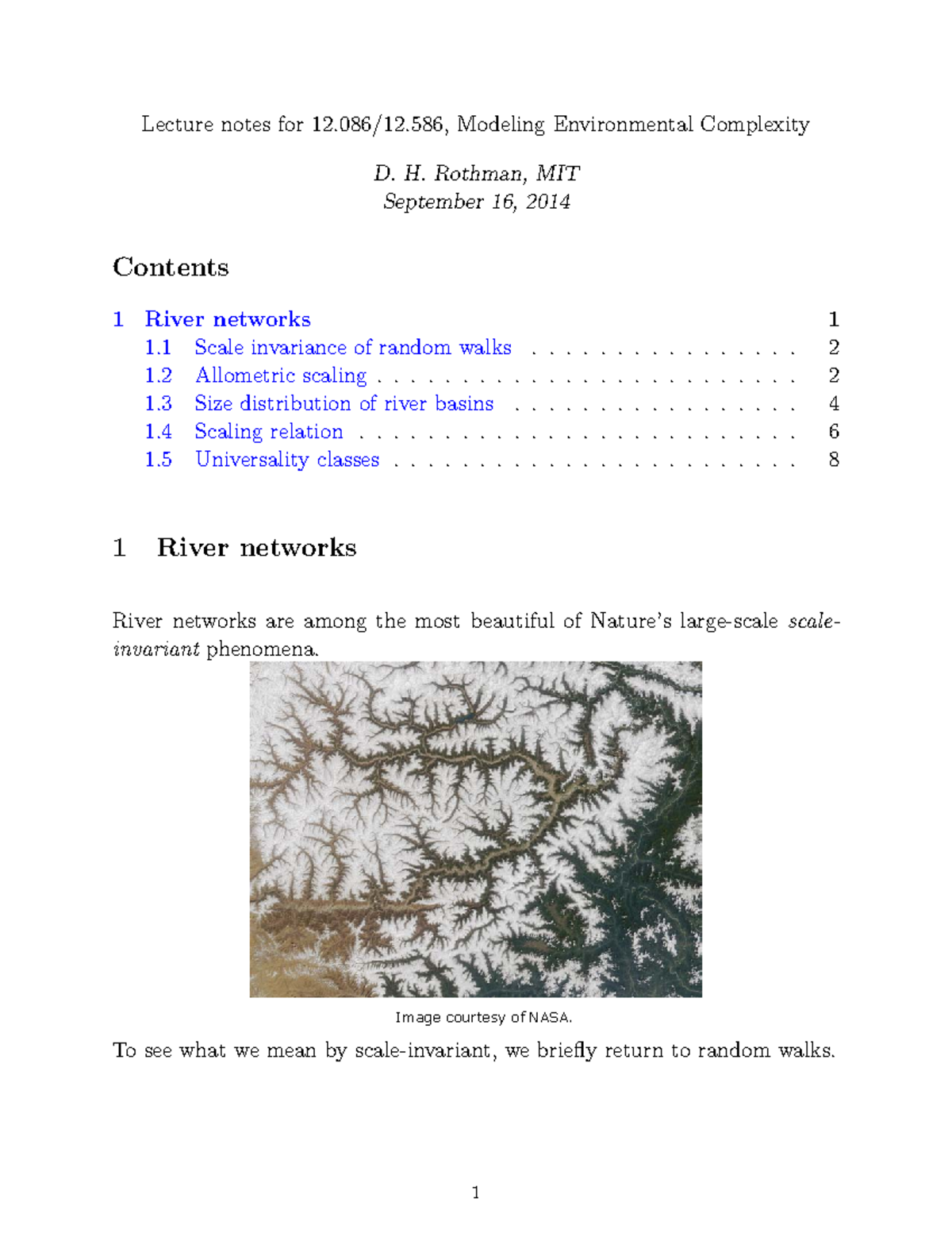 Lecture Notes Lecture River Networks Fall 2014 Lecture Notes For