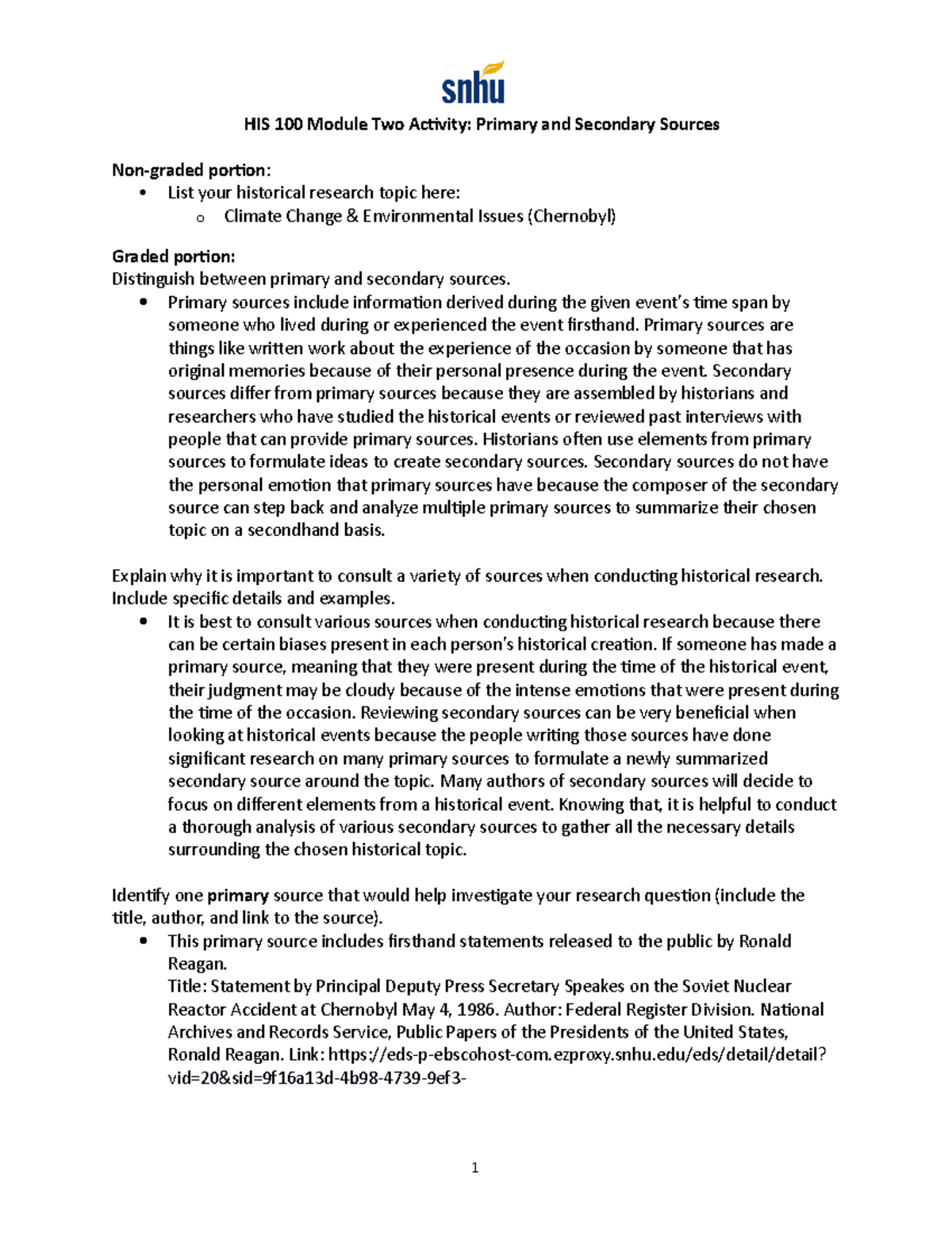 Module 2 - Activity - Primary and Secondary Sources - HIS 100 Module ...