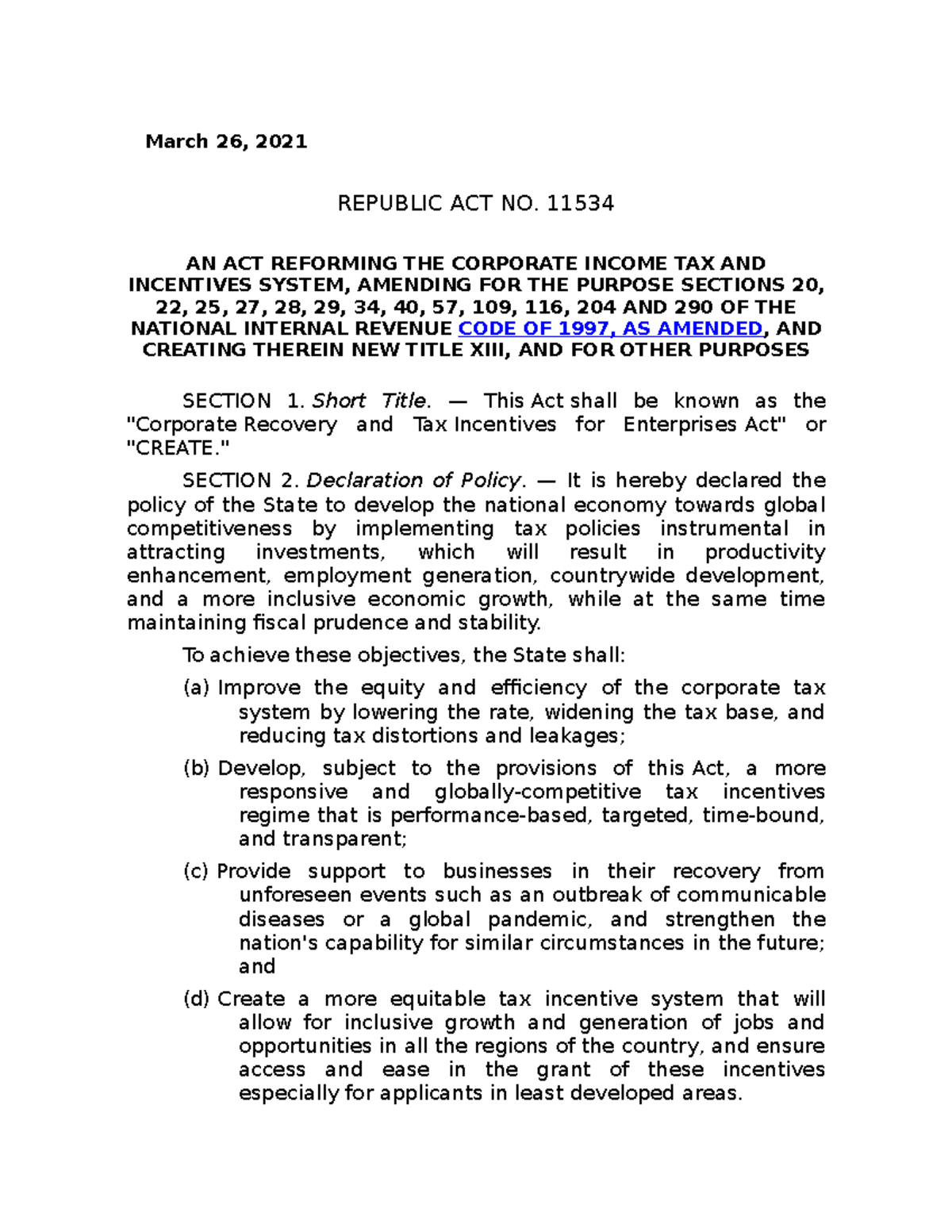 The Full Text of the Create Law Effective April 11, 2021 - Juris Doctor ...
