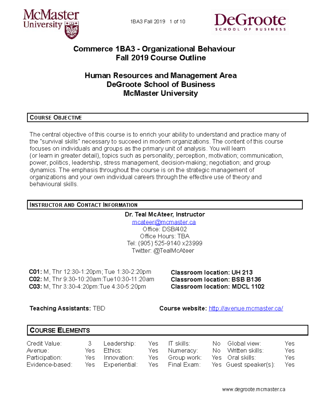 1BA3 F19 Course Outline Mcateer - Commerce 1BA3 - Organizational ...