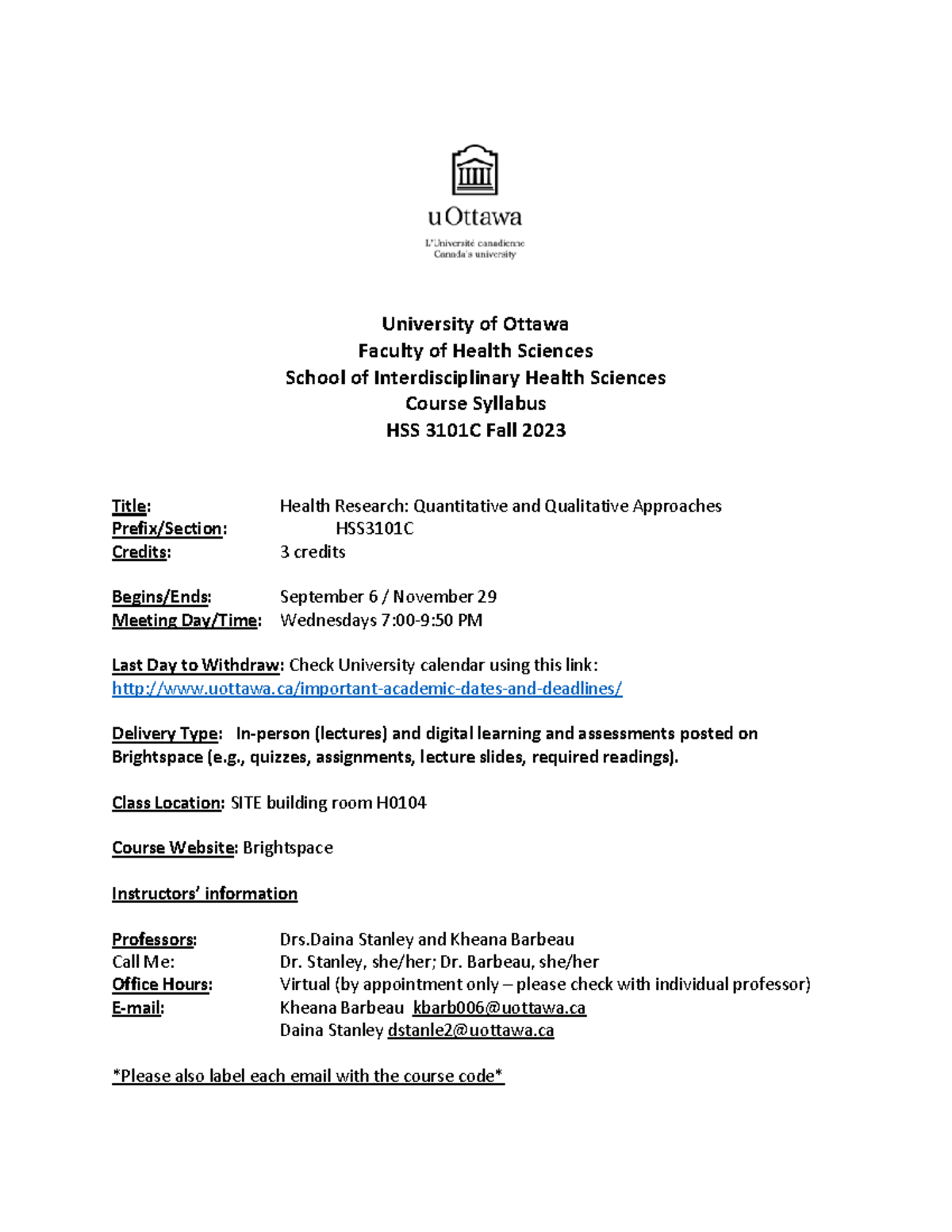 HSS 3101- Fall 2023- Course Outline - University of Ottawa Faculty of ...