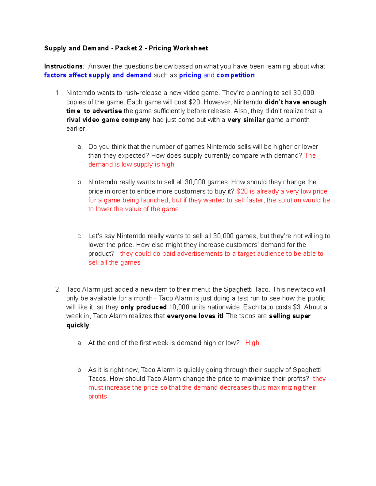 Supply and Demand - Packet 2 - Pricing Worksheet - Supply and Demand ...