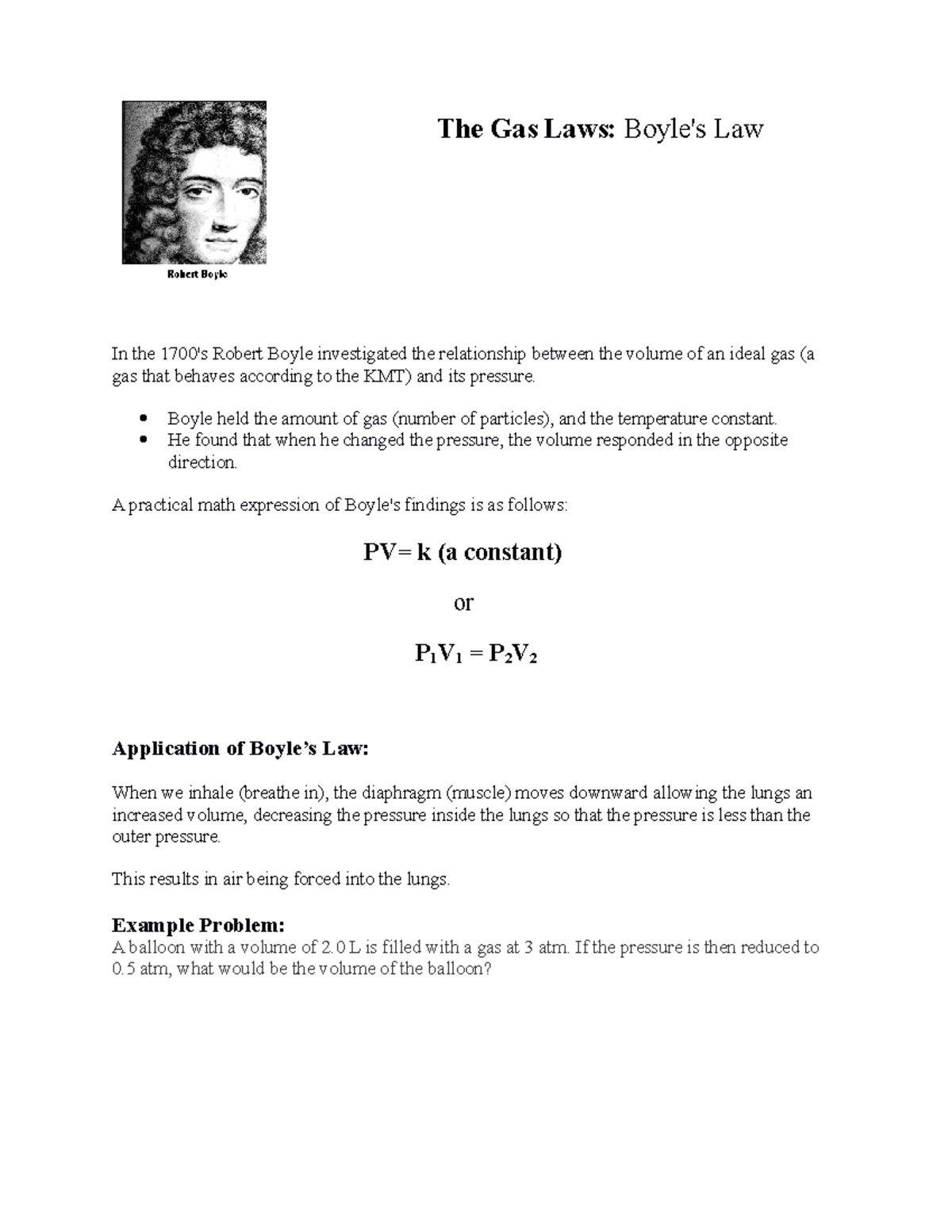 Boyle notes - worksheet - The Gas Laws: Boyle's Law In the 1700's ...