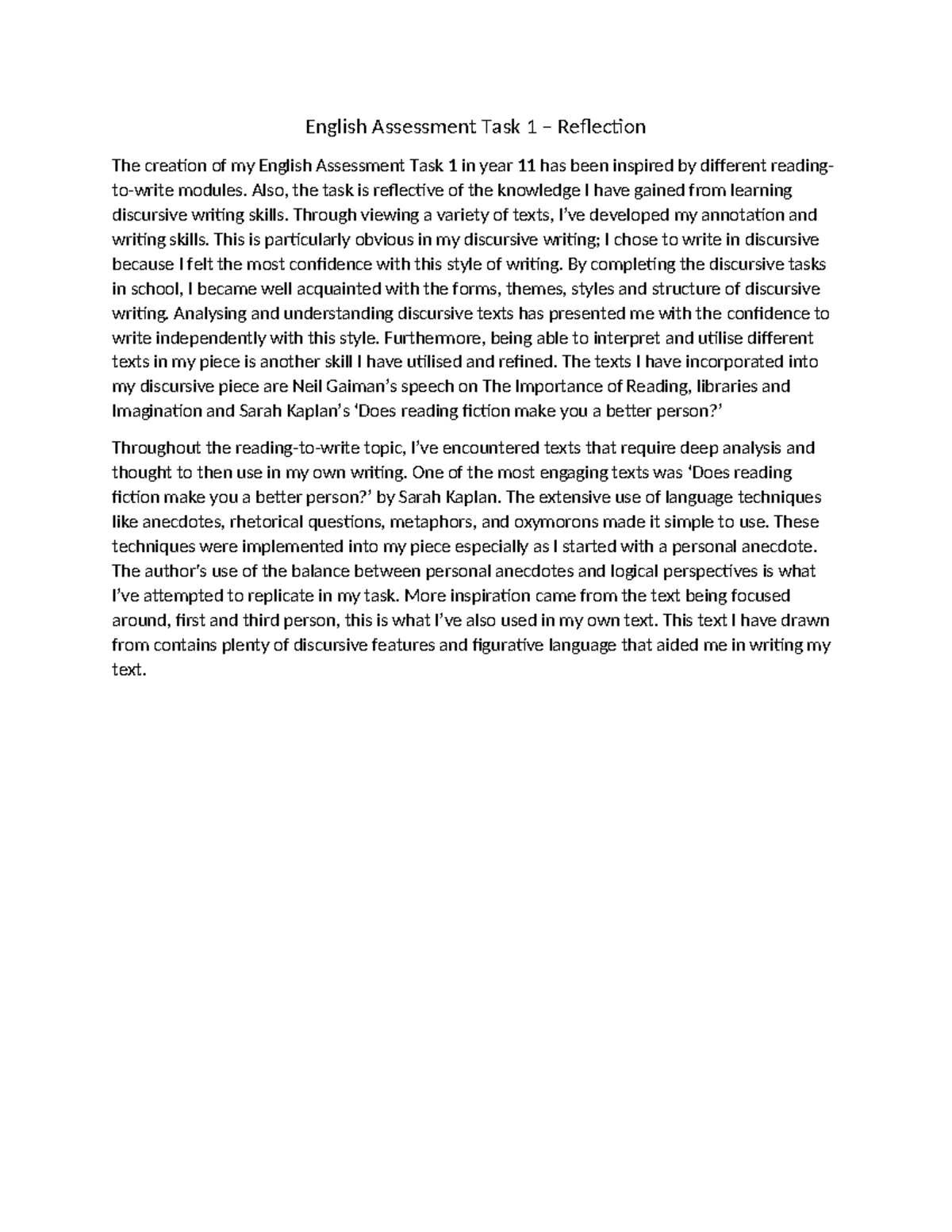 Part B English Assessment Task - English Assessment Task 1 – Reflection ...