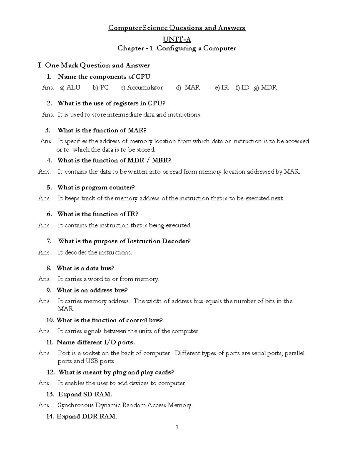 Qb computer sc - good - Computer Science Questions and Answers UNIT-A ...