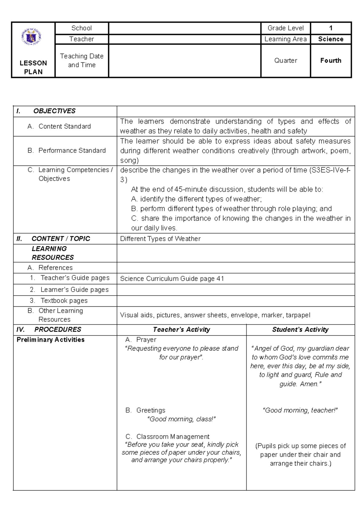 Lesson PLAN in Science 3 - LESSON PLAN School Grade Level 1 Teacher ...