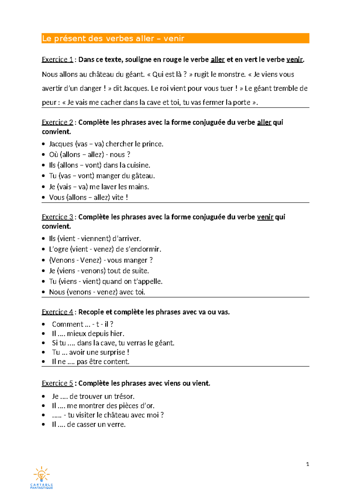 Le présent des verbes aller - venir pour la classe - Le présent des ...