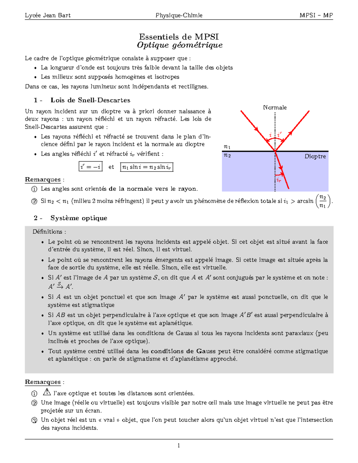 Optique geometrique - Lycée Jean Bart Physique-Chimie MPSI – MP Essentiels de MPSI Optique - Studocu