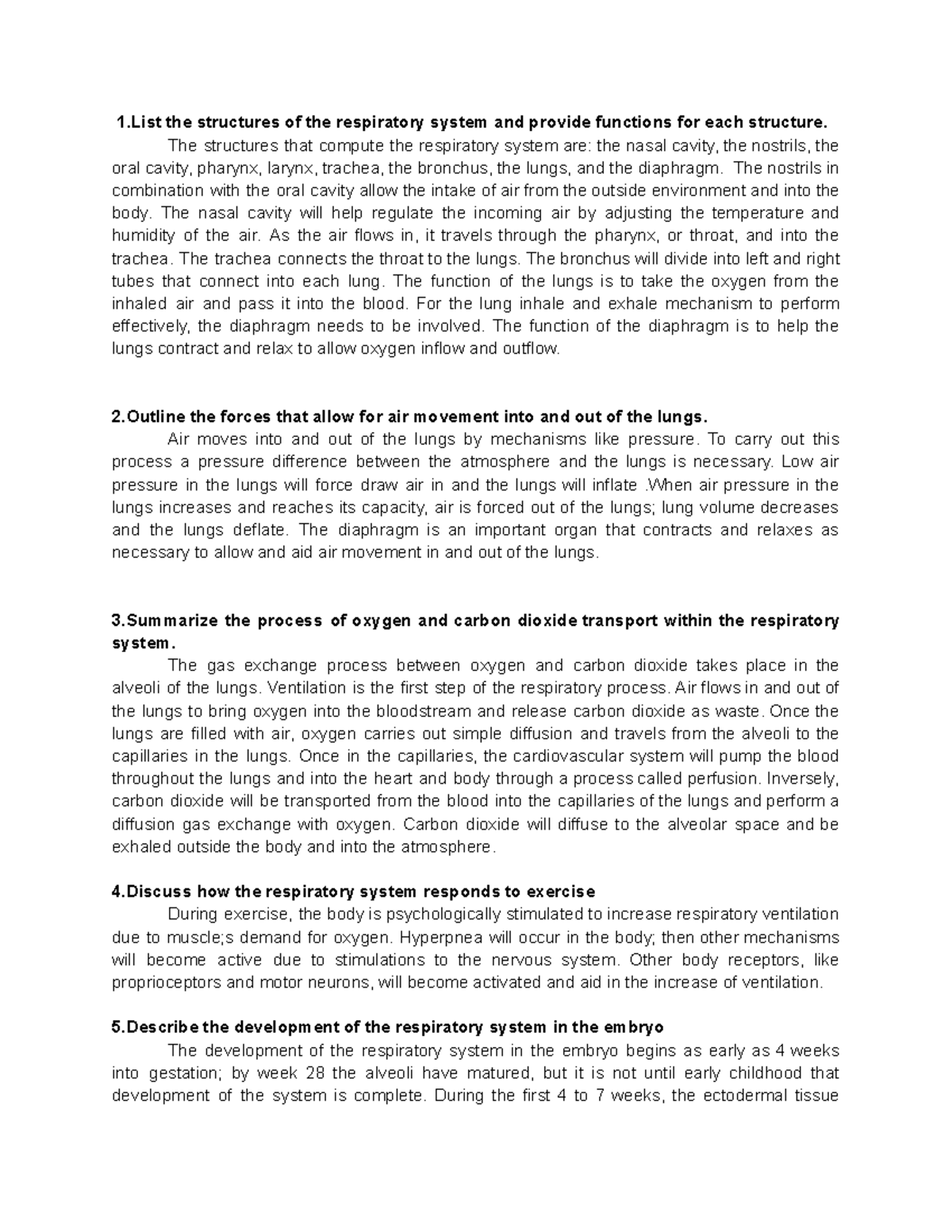Respiratory System Assigment - 1 the structures of the respiratory ...