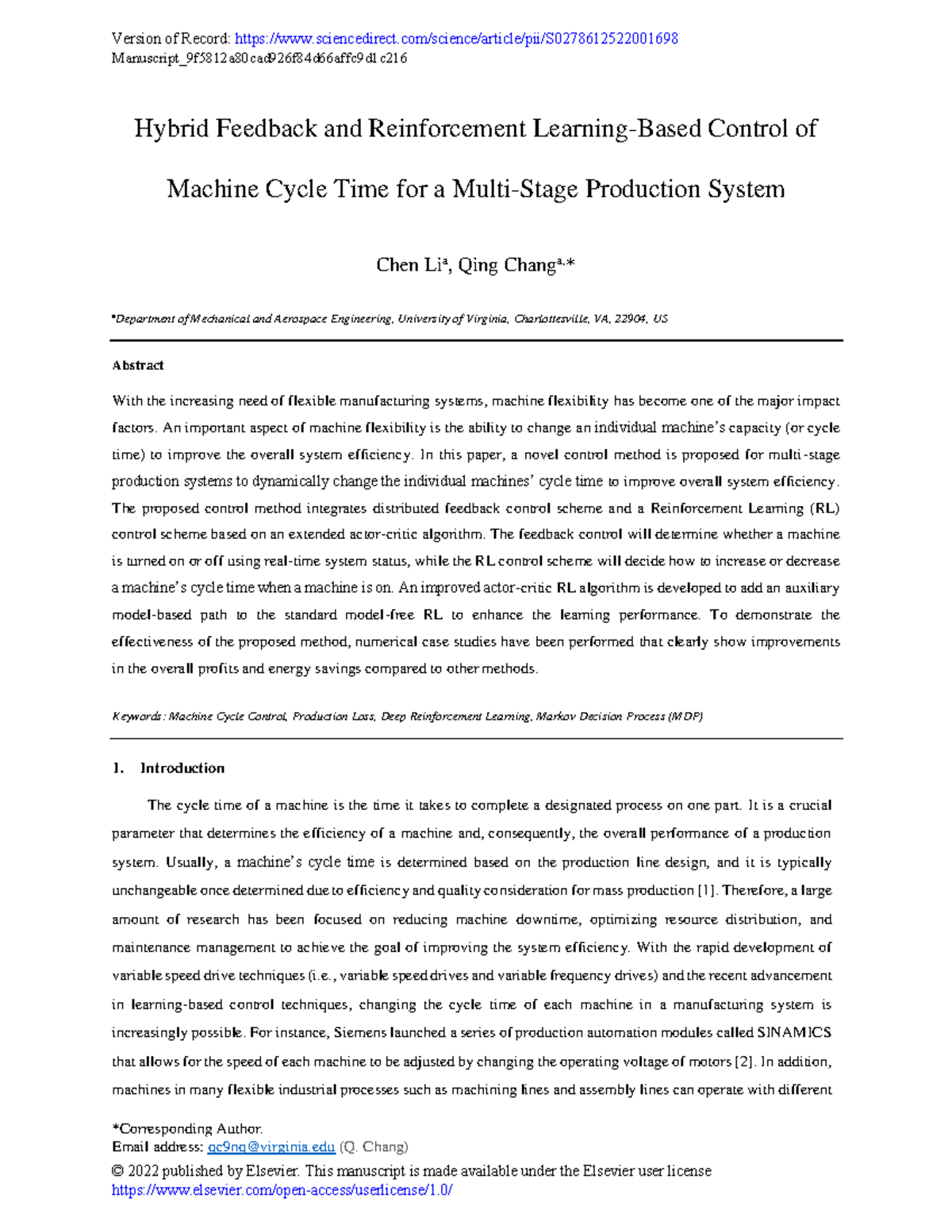 Hybrid feedback and reinforcement learning-based control of machine cycle time for a multi-stage ...