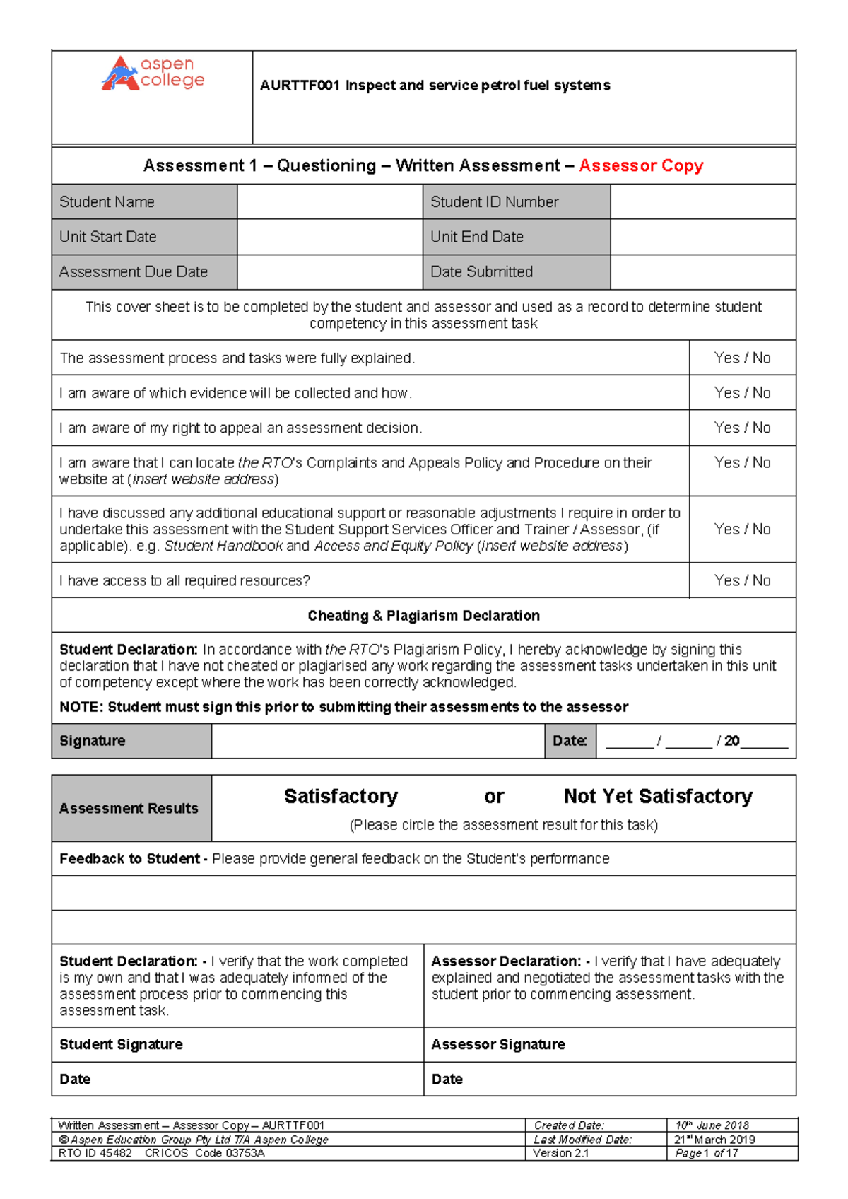 Assessment 1 – Questioning – Written Assessment – Assessor Copy Aurttf ...