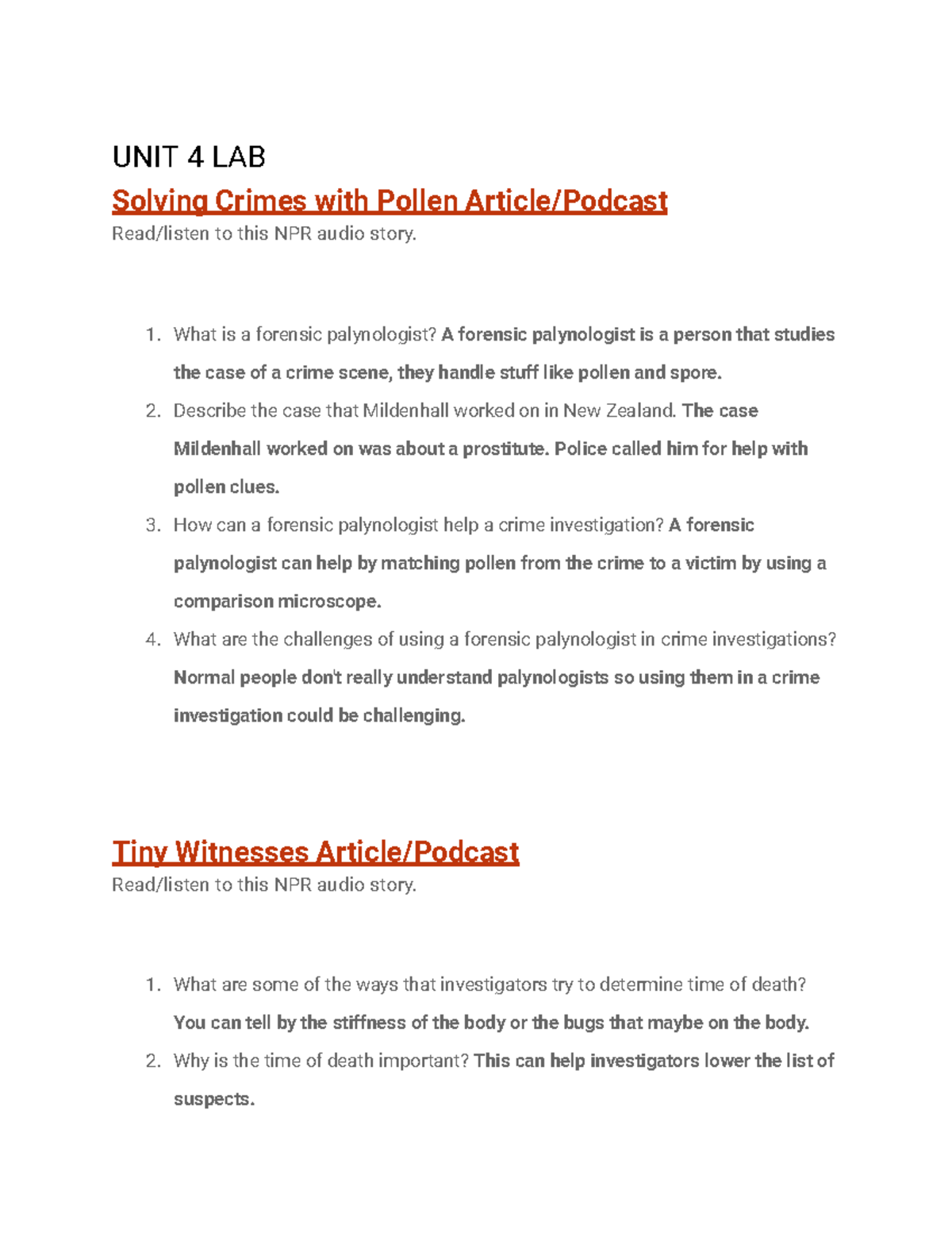 Copy of UNIT 4 LAB - UNIT 4 LAB Solving Crimes with Pollen Article/Podcast Read/listen to this ...