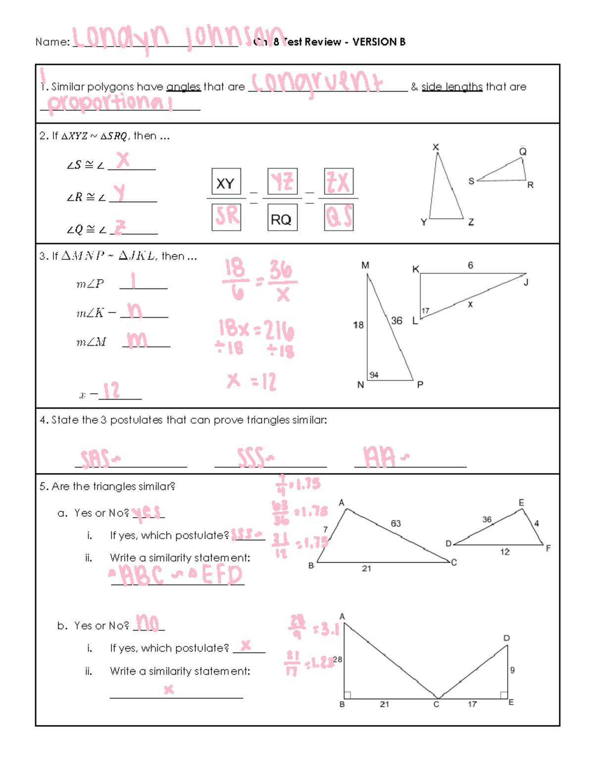 Ch. 8 Test Review Version B - Name: _______________________________ Ch ...