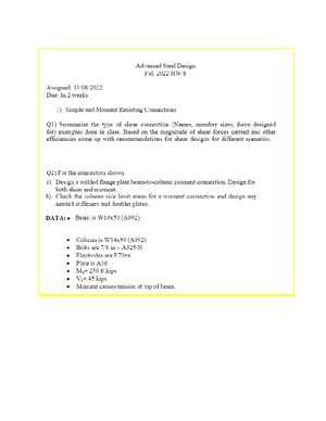 Shear Tab Connection - Adv. Steel Structure - Given, From figure, a = 3 ...