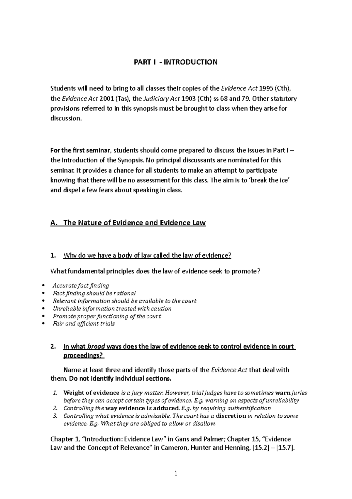 Part 1 and 2 - Lecture Notes - PART I - INTRODUCTION Students will need ...