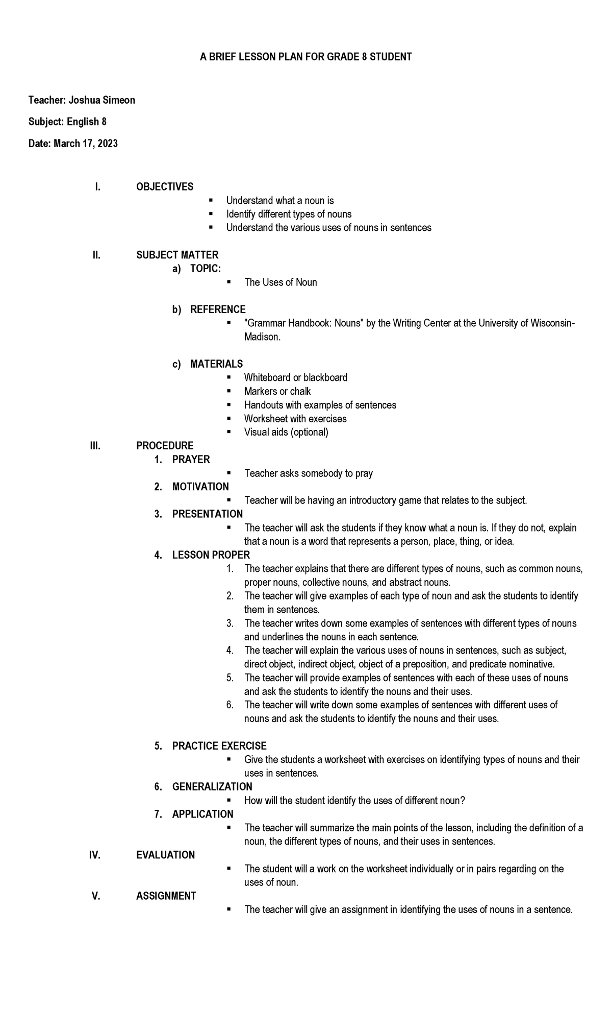 A Brief Lesson PLAN FOR Grade 8 Student A BRIEF LESSON PLAN FOR GRADE