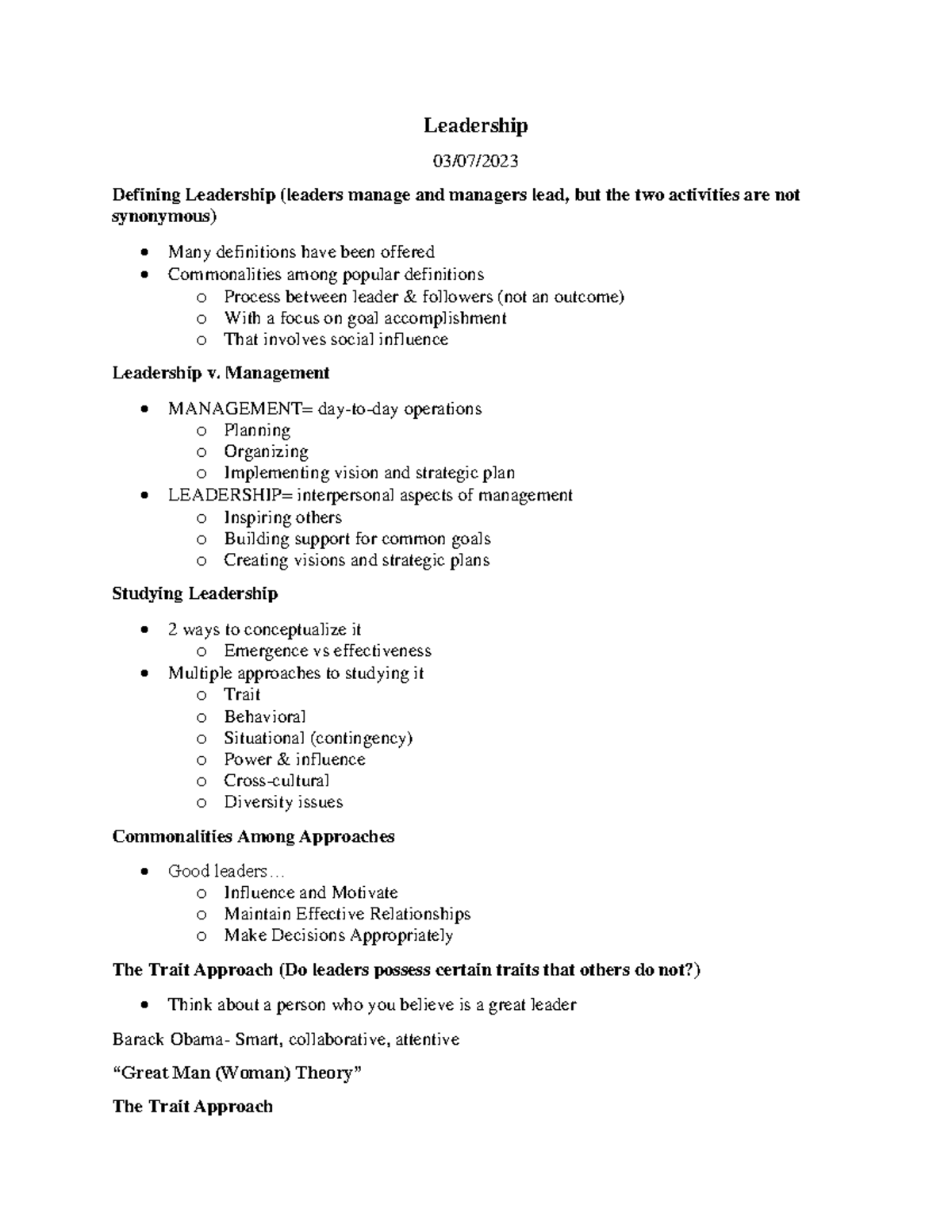 Leadership PSY 34 - notes - Leadership 03/07/ Defining Leadership ...