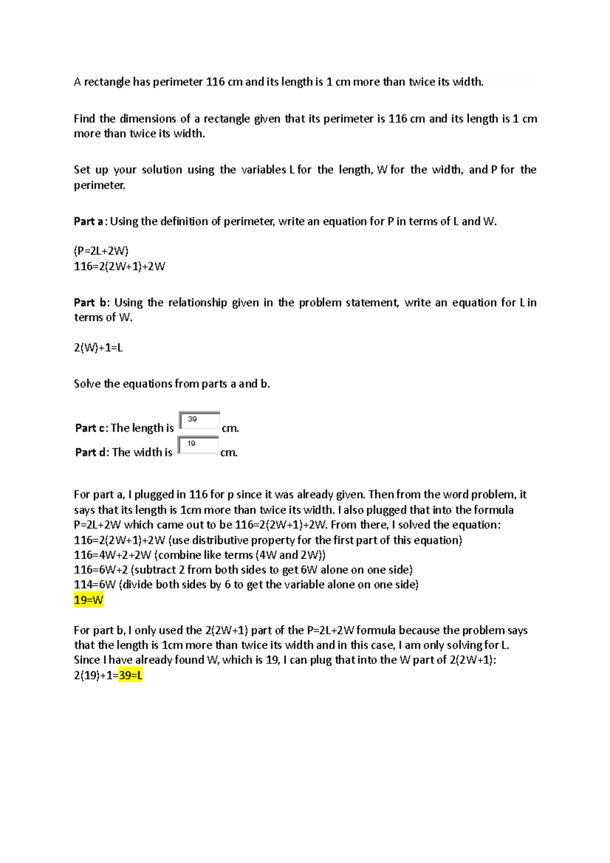 Week 2 discussion post - A rectangle has perimeter 116 cm and its ...