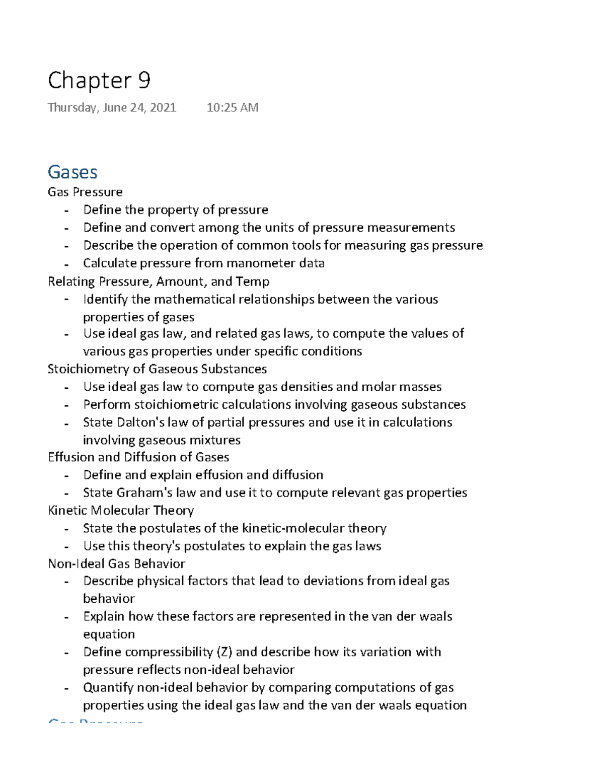 Chapter 9 - Summer Course, Pete Bell - Gases Gas Pressure - Define the ...