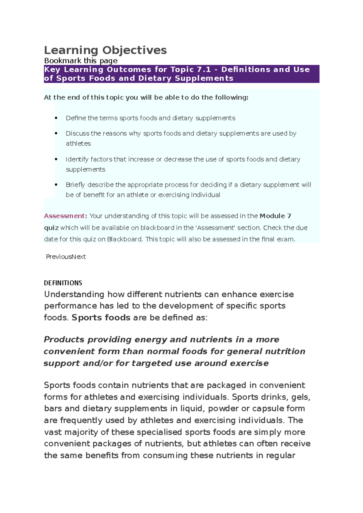 Module 7 Sports Foods AND Dietary Supplements NUTR3012 - Learning ...