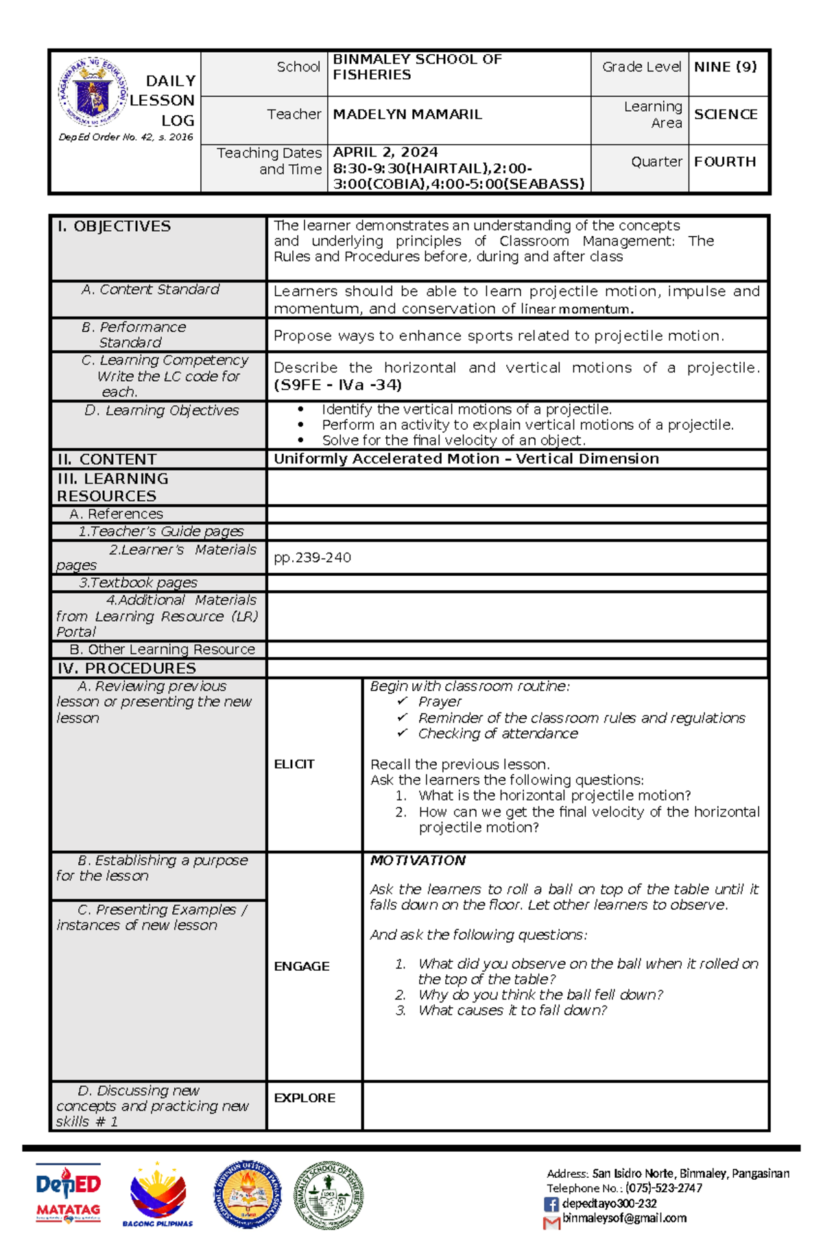 UAM- Vertical- Dimension - DAILY LESSON LOG DepEd Order No. 42, s. 2016 ...