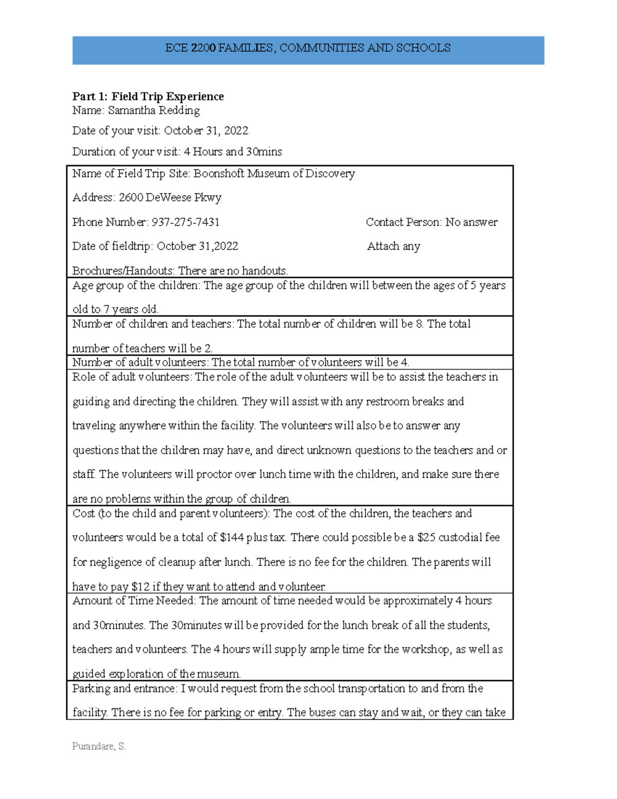 Field Trip Assignment form Families and communities - Part 1: Field ...