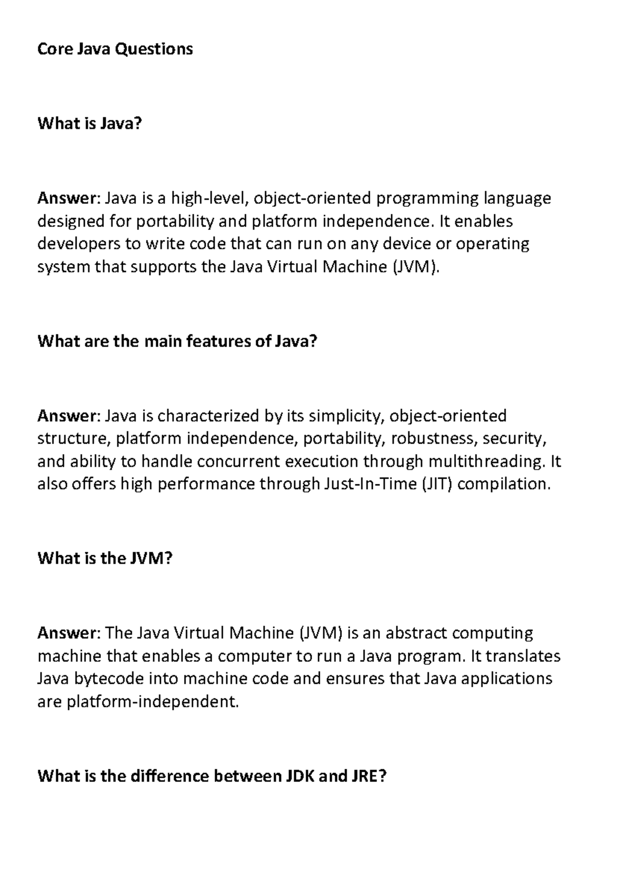 Core Java Questions - edcfdedcd - Core Java Questions What is Java? Answer: Java is a high-level ...