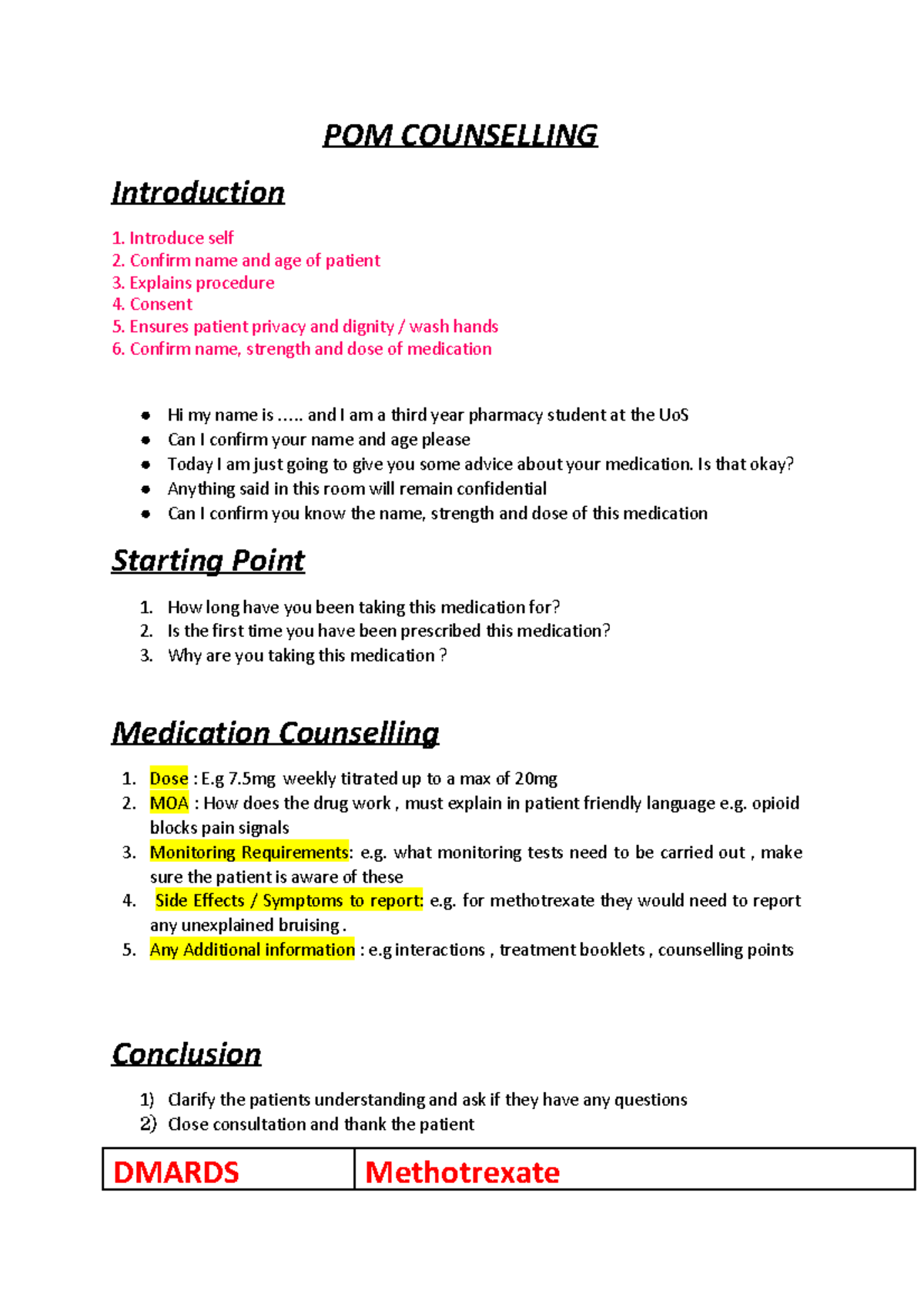 OSCE POM Counselling - POM COUNSELLING Introduction Introduce self ...