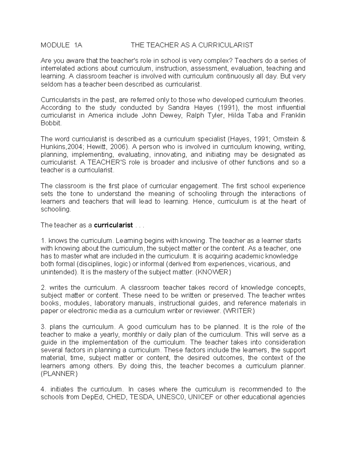 Prof Ed 9 MOD 1A - MODULE 1A THE TEACHER AS A CURRICULARIST Are you ...