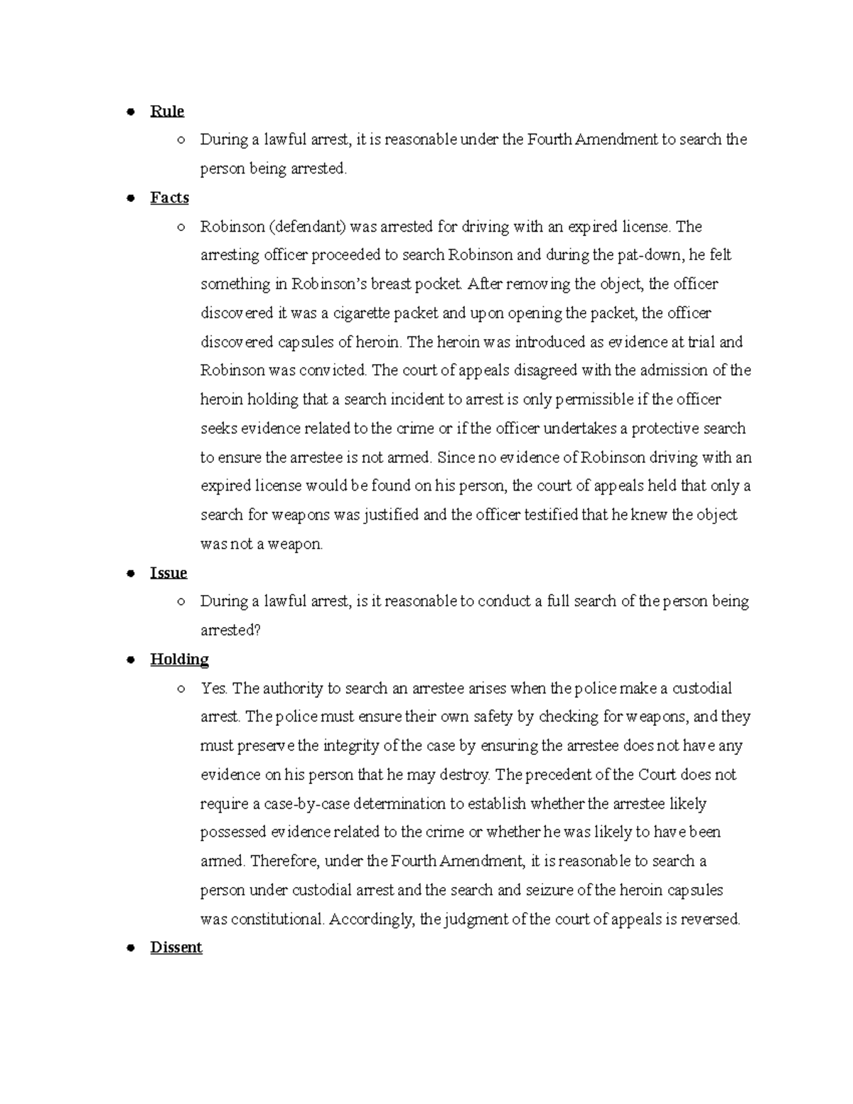 Crim Pro 2022- Copy of United States v. Robinson - Rule During a lawful ...
