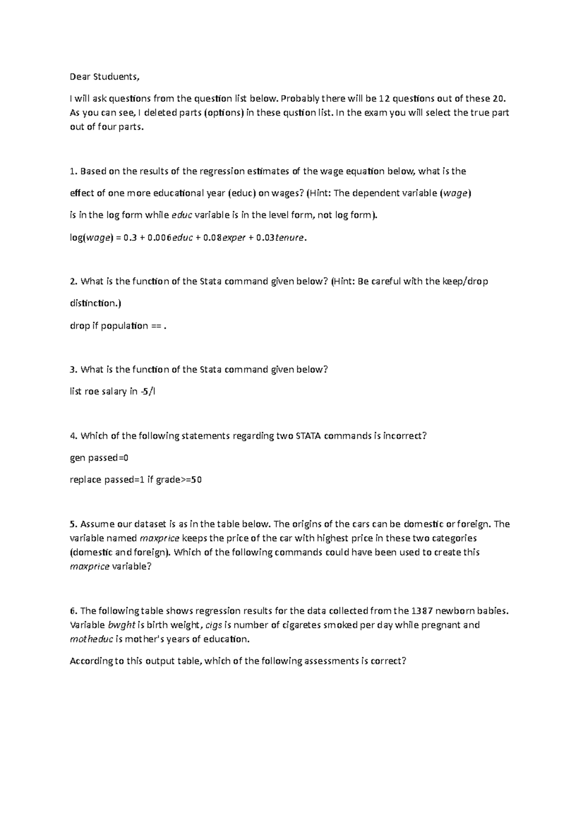 Econometrics Final Sorular ä No Options Dear Studuents I Will Ask