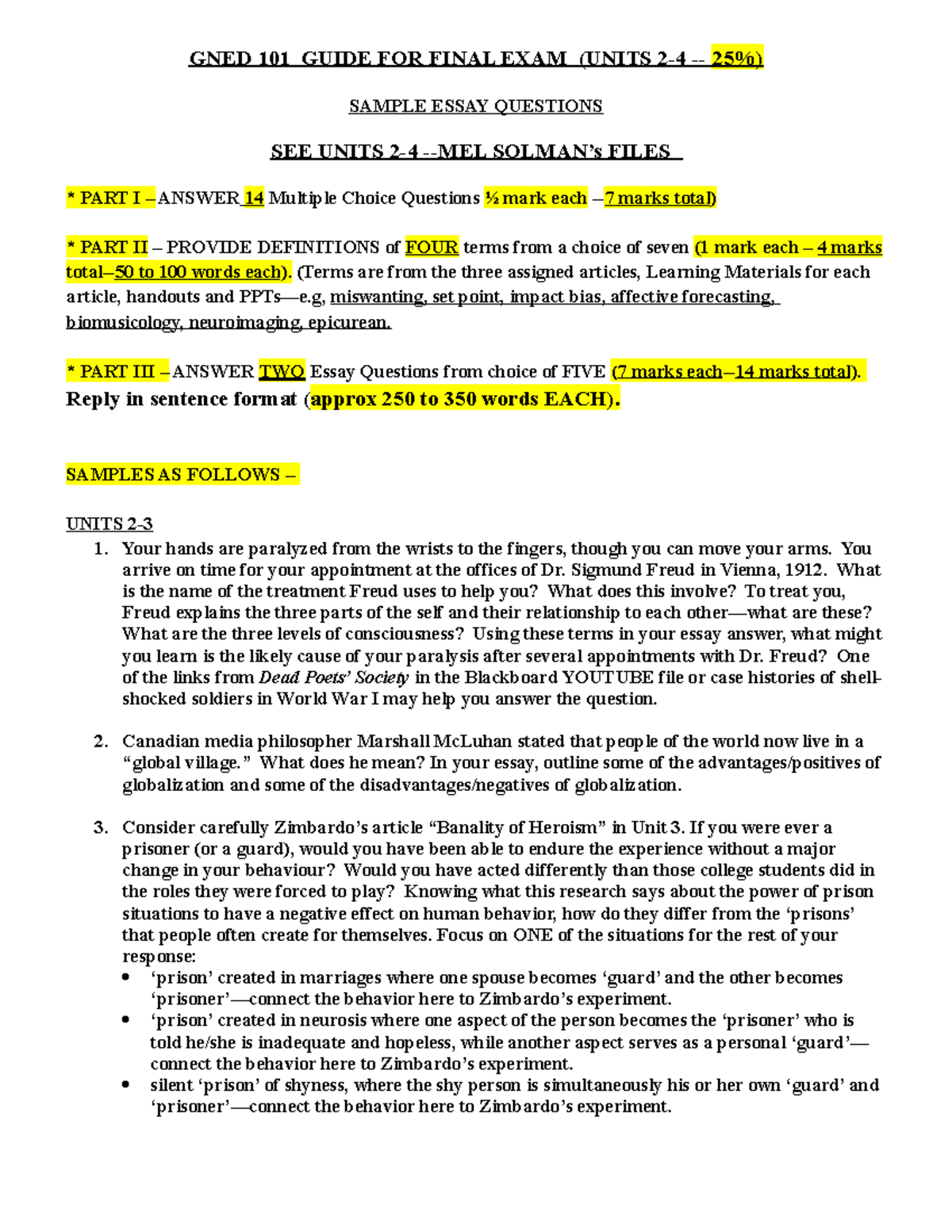 GNED 101 Sample Quest. Final EXAM - GNED 101 GUIDE FOR FINAL EXAM ...