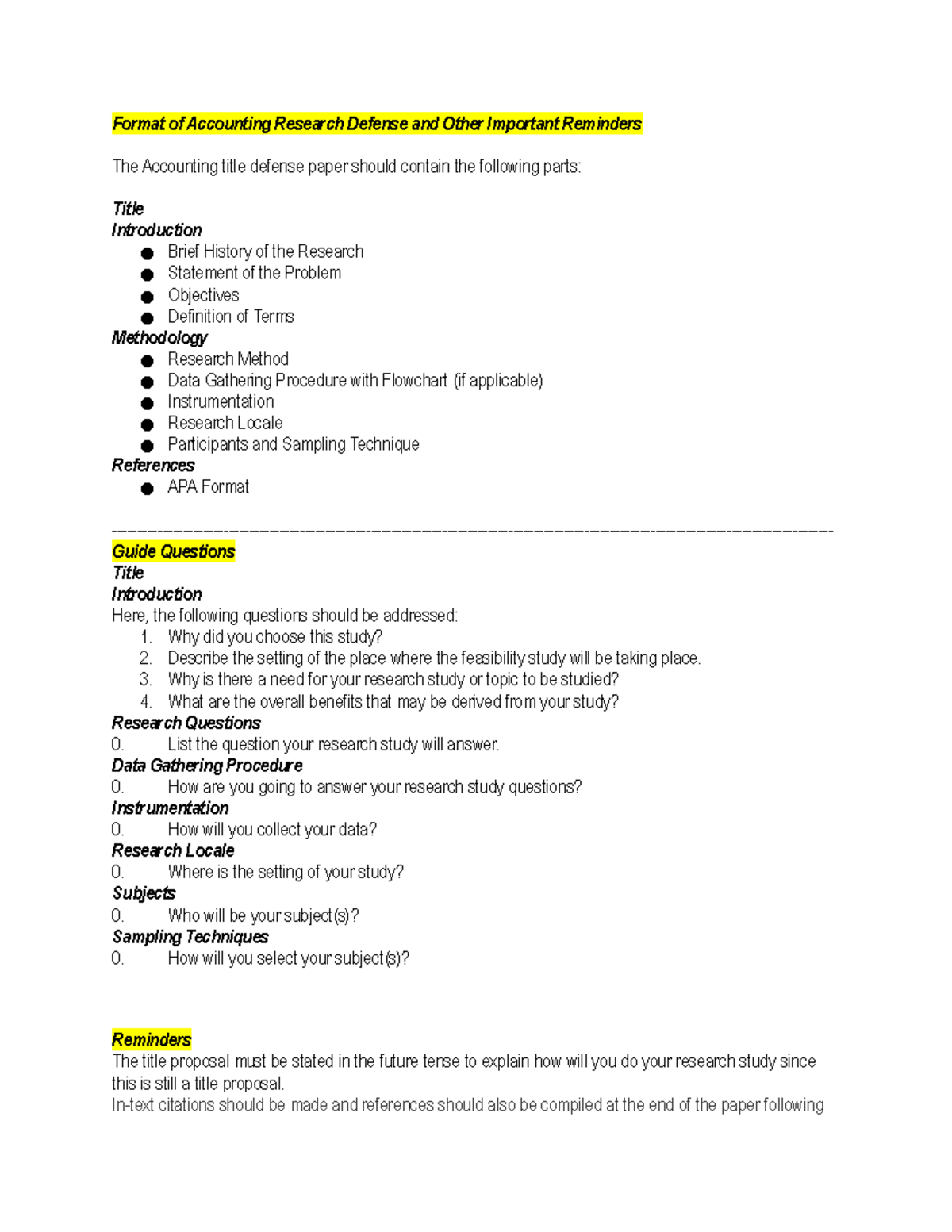 Format of Accounting Research Title Defense and Other Important ...
