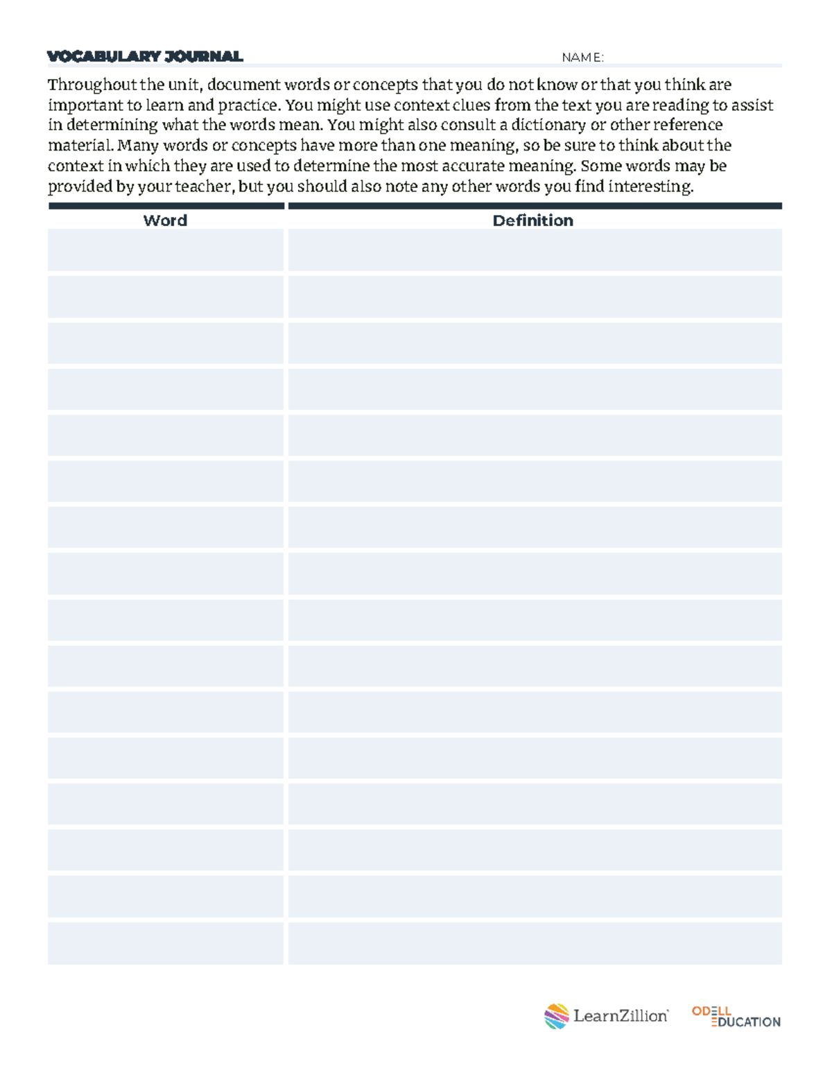 Vocabulary Journal - idk - VOCABULARY JOURNAL NAME: Throughout the unit ...