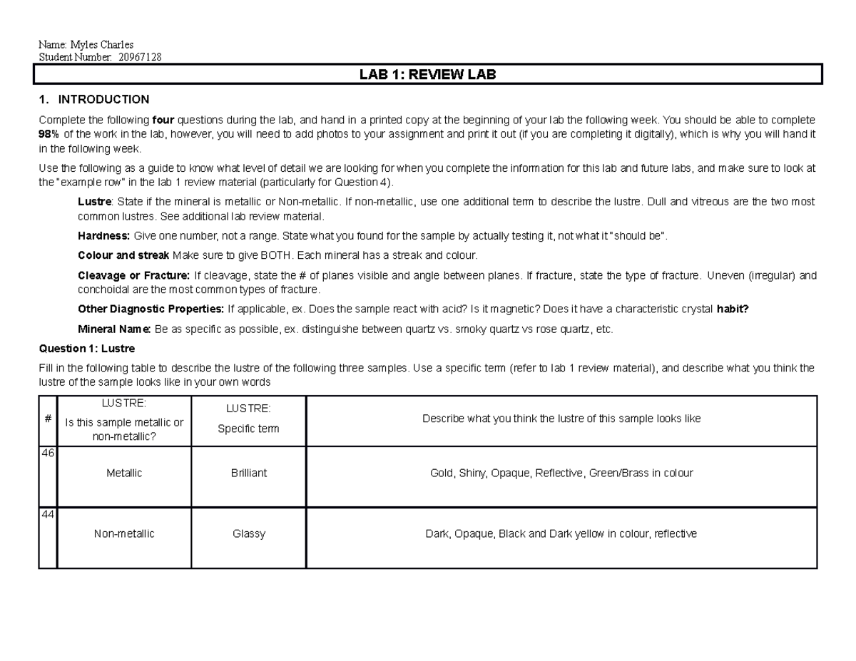 Lab 1 Assignment - Lab 1 - Name: Myles Charles Student Number: 20967128 LAB 1: REVIEW LAB 1 ...