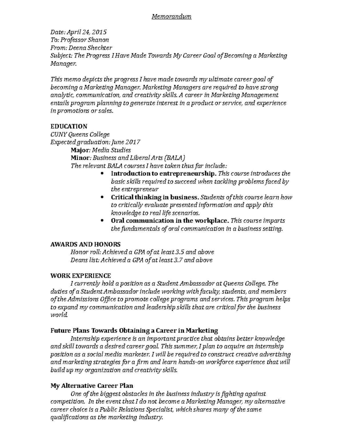 Memorandum - notes - Memorandum Date: April 24, 2015 To: Professor ...
