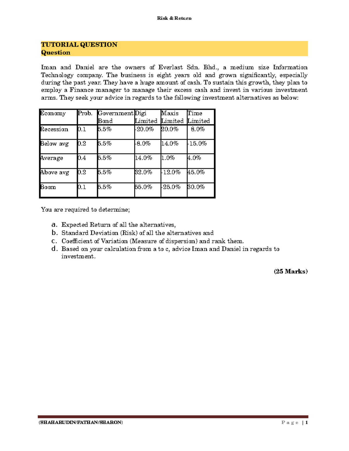 LU5.Risk return - midterm preparation - Risk & Return TUTORIAL QUESTION Question Iman and Daniel ...