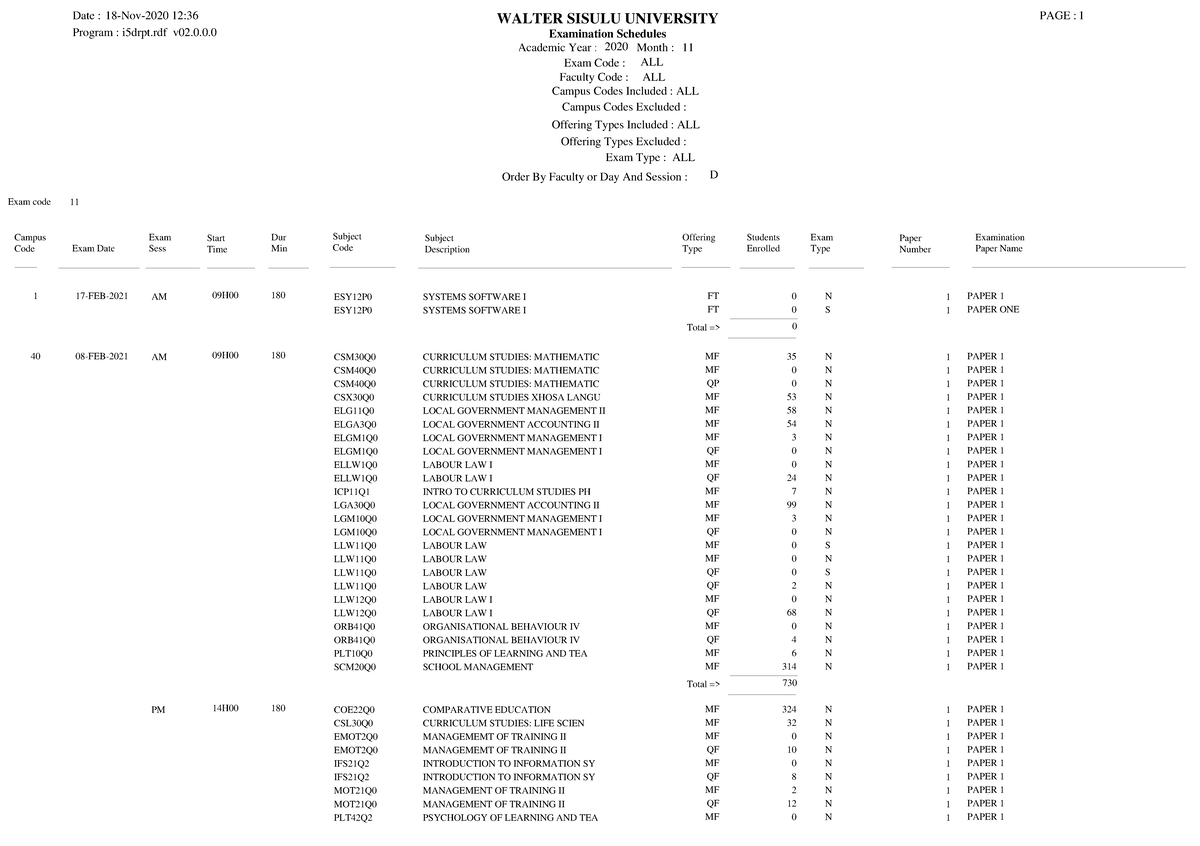 1st Draft 2ND Semester & YEAR LONG TIME Table 2021 - Program : i5drpt v02.0. Examination ...