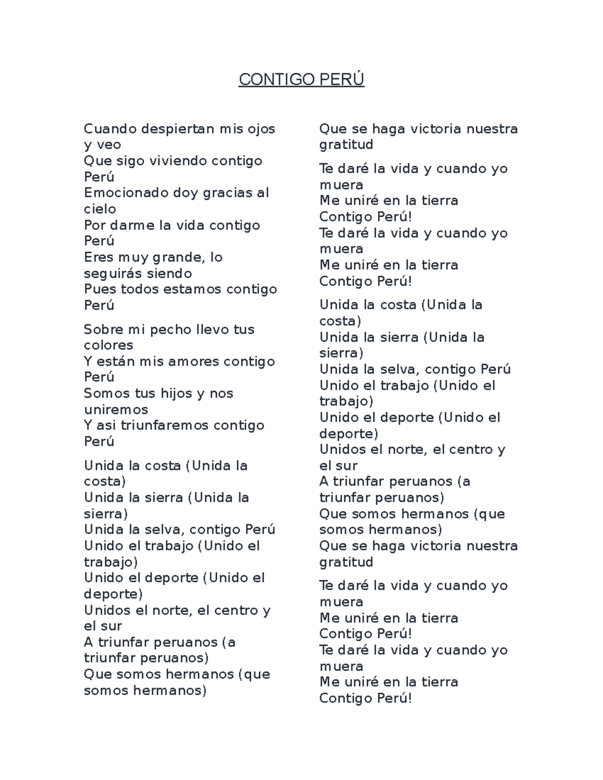 Contigo PERÚ - cancion - CONTIGO PERÚ Cuando despiertan mis ojos y veo ...