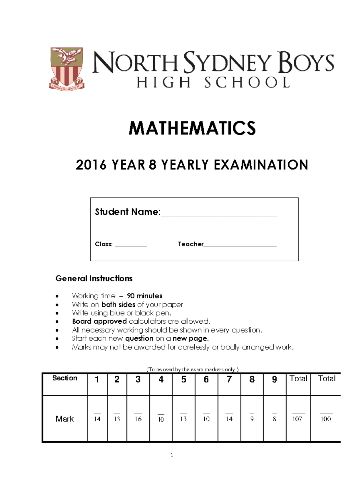 Task 4 2016 Yr 8 yearly - math test 2016 - MATHEMATICS 2016 YEAR 8 ...
