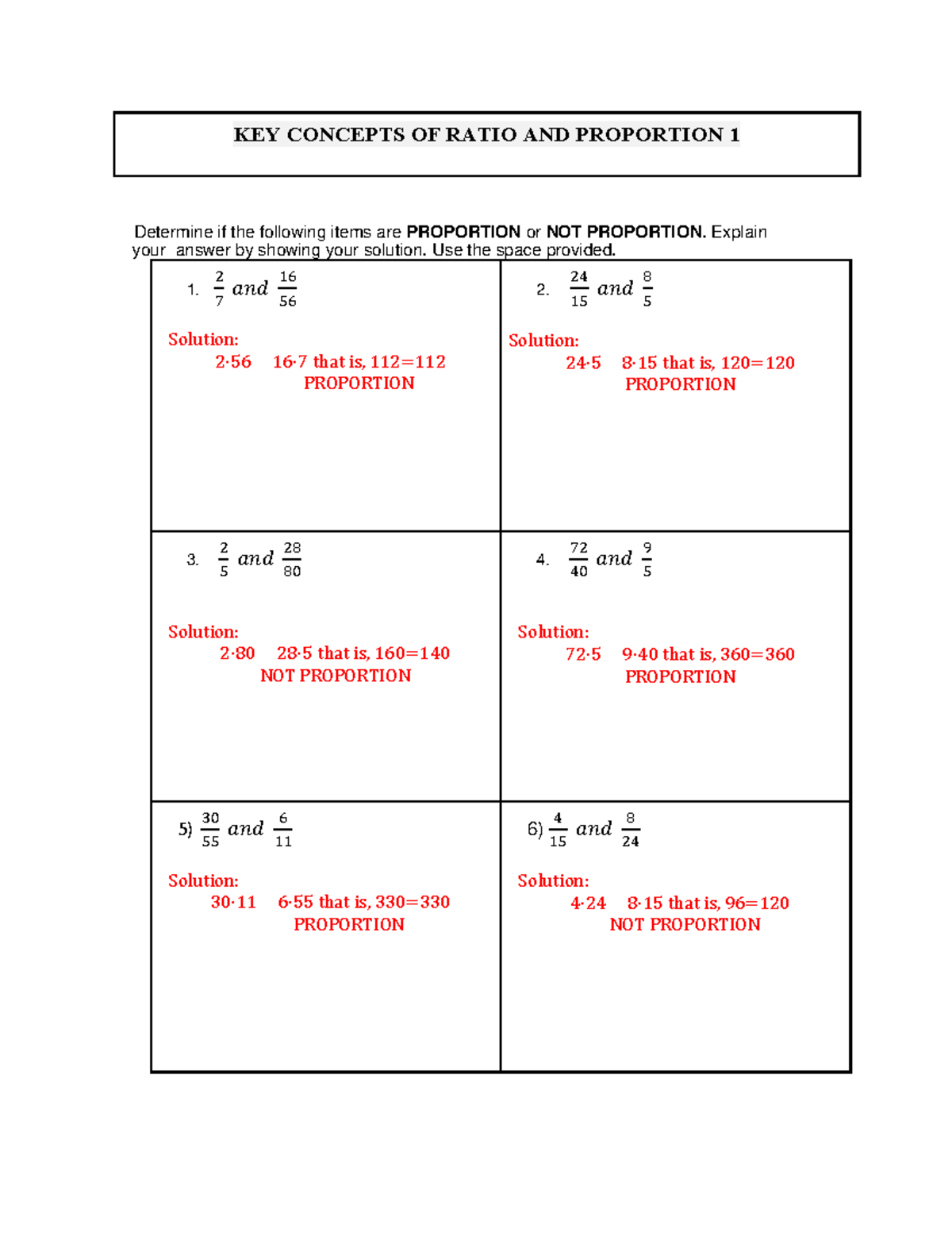Activityratio AND Proportion 1 - KEY CONCEPTS OF RATIO AND PROPORTION 1 ...