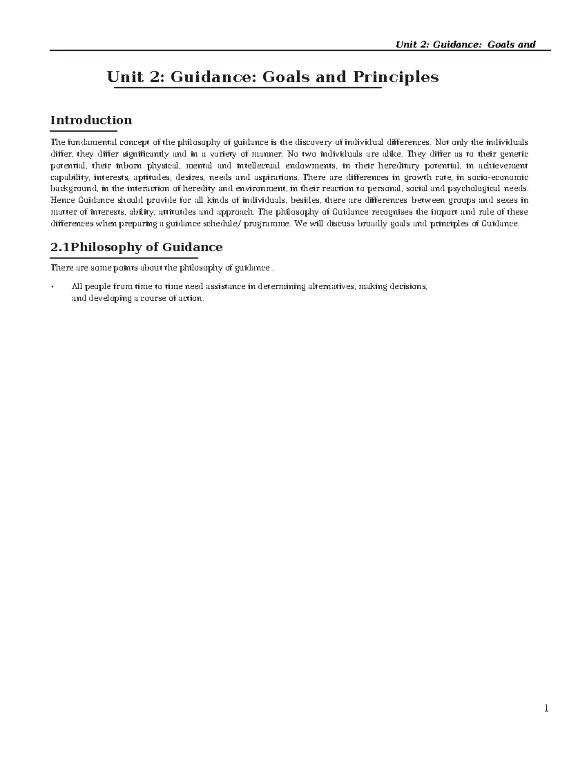 Unit 2 - notes - Unit 2: Guidance: Goals and Principles Unit 2 ...